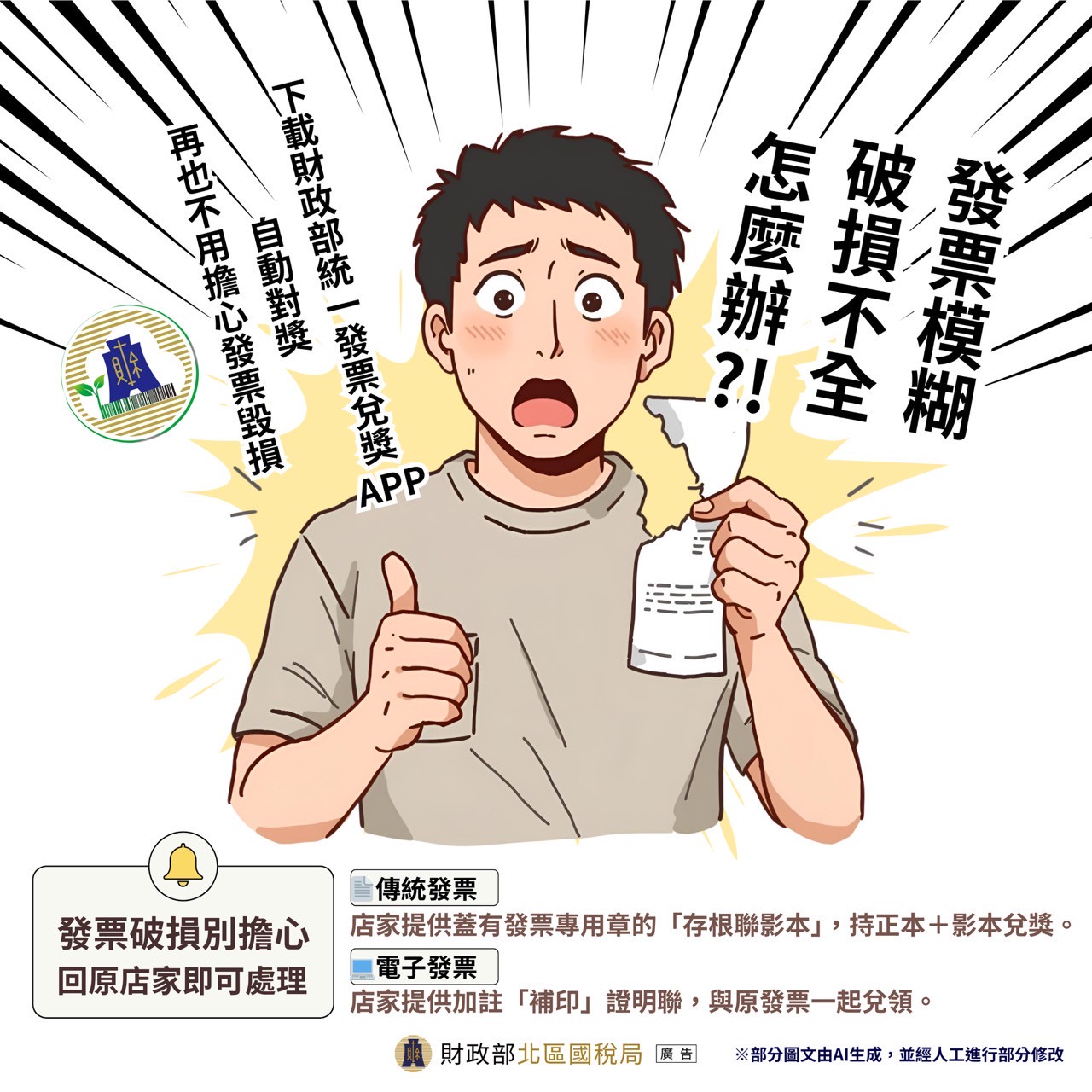 新北市政府稅捐稽徵處-宣導園地-數位文宣-國地稅賦稅圖卡-發票模糊破損不全怎麼辦